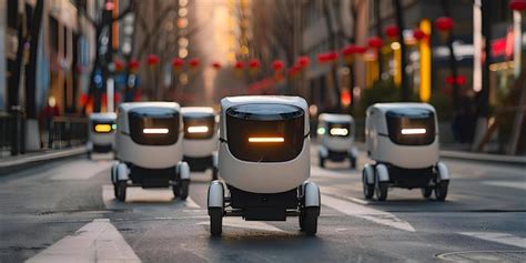 Efficient Logistics City Fleet Of Autonomous Delivery Robots Navigating Urban Streets Concept