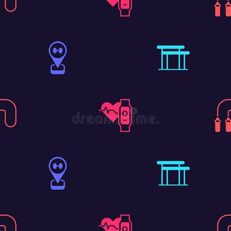 Set Uneven Bars Location Gym Smart Watch With Heart And Jump Rope On Seamless Pattern Vector