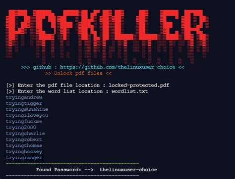 GitHub Linux Hut Pdfkiller Fast Pdf Brute Forcer Can Test Passwords Against Pdf In