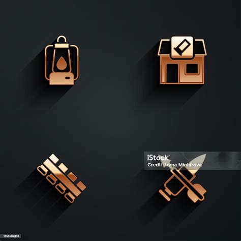 캠핑 등불 사냥 가게 카트리지 벨트 및 긴 그림자가있는 화살표 아이콘이있는 교차 총알을 설정합니다 벡터 가죽에 대한 스톡 벡터 아트 및 기타 이미지 Istock