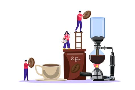 작은 남자가 커피 분쇄기로 커피 원두를 갈고 있습니다 그리고 커피 아라피카 라떼 에스프레소 카푸치노를 만들기위한 장비는 레스토랑에서 인기있는 음료입니다 아침 식사와 함께