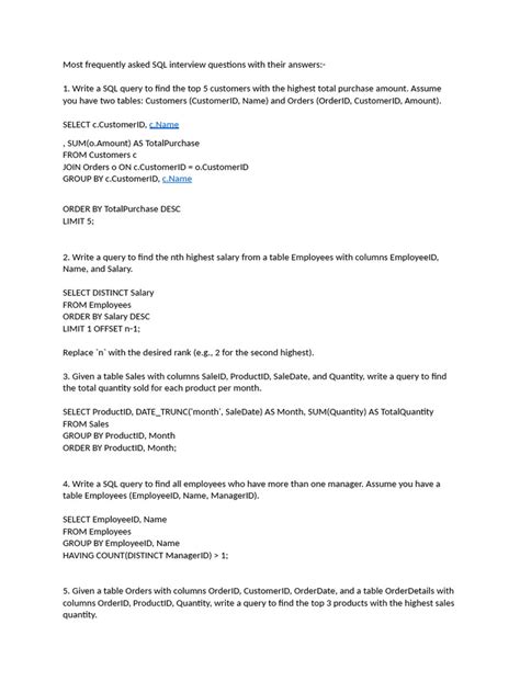 Most Frequently Asked Sql Interview Questions With Their Answers Pdf