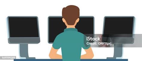 여러 모니터에 있는 남자 금융 상인 코드 프로그래머 컴퓨터 운영자 보안 전방 컴퓨터 화면 모니터링 문자 개발에 대한 스톡 벡터 아트 및 기타 이미지 Istock