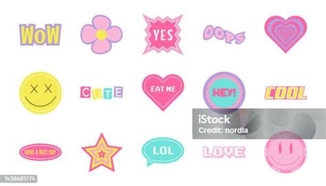 트렌디 한 스티커 세트 Y2k 컬렉션 귀여운 패치 벡터 디자인 90 년대 및 2000 년대 스타일 2000년에 대한 스톡 벡터 아트 및 기타 이미지 Istock