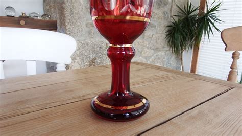 Bohemian Ruby Flash Cut Glass Goblet Vase Engraved And Gilded Hand