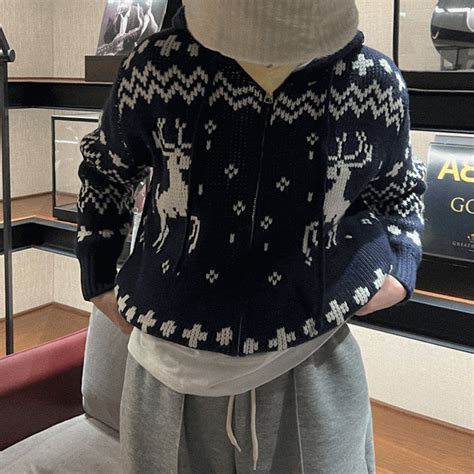 2color 빈티지 루돌프 사슴 자가드 노르딕 패턴 루즈핏 겨울 니트 후드 집업 점퍼 에이블리