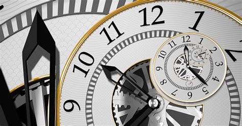 노출 된 기어가있는 초현실적 인 시계 회색 패턴이있는 흰색 배경 및 다른 쪽 내부에서 끝없이 반복되는 황금색 가장자리 3d