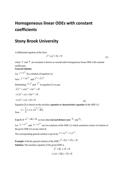 Solution Calculas Stony Brook University Second Order Homogeneous Linear Equations Constant