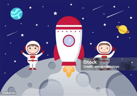 우주 달 행성 또는 소행성을 보기 위해 우주와 운동에서 탐험을 위한 로켓 일러스트레이션을 가진 우주 비행사 공중에 대한 스톡 벡터 아트 및 기타 이미지 Istock