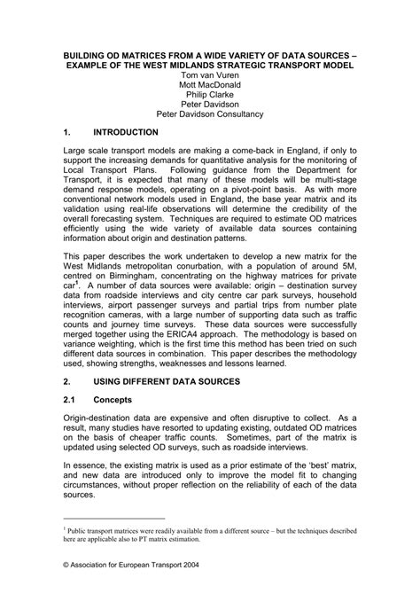 Pdf Building Od Matrices From A Wide Variety Of Data Sources Example Of The West Midlands