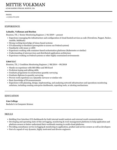 Monitoring Engineer Resume Samples Velvet Jobs
