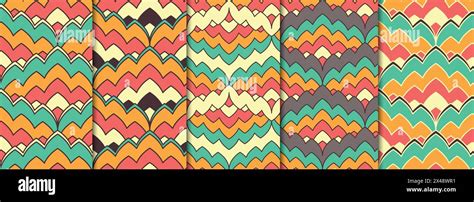 5 Seamless Patterns Set With Geometric Flame Stitch Style Motifs Stock