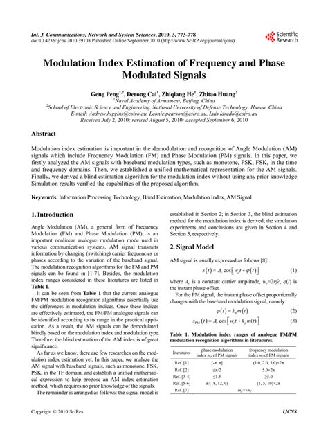 Pdf Modulation Index Estimation Of Frequency And Phase Modulated Signals