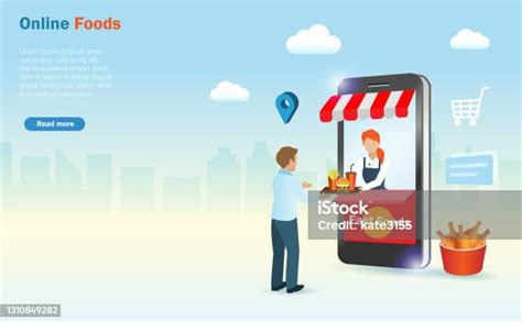 패스트 푸드는 스마트 폰 온라인 음식 배달 개념에 쇼핑 식품 응용 프로그램에서 여성 요리사에서 패스트 푸드를 주문하는 남자 온라인 고객에 대한 스톡 벡터 아트 및 기타