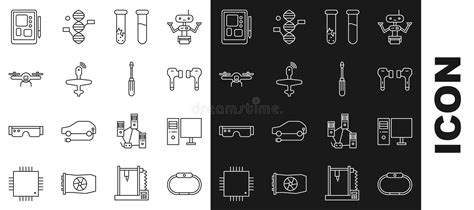 Set Line Smartwatch Computer Monitor Air Headphones Test Tube And Flask Uav Drone Flying