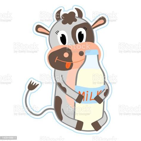 우유 한 병을 들고 귀여운 젖소의 스티커 만화 플랫 벡터 일러스트레이션 우유의 날 디자인 또는 스티커 감정에 대한 스톡 벡터 아트 및 기타 이미지 Istock