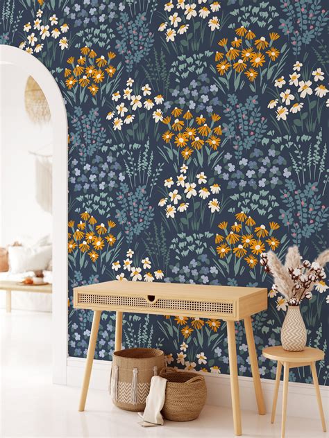 Navy Blue Floral Meadow Peel And Stick Wallpaper Dark Blue Flowers And
