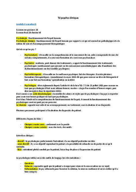 Td Psychologie Clinique Clinique Td Psycho Clinique Lorelei5wanadoo Examen Mi Parcours 1h