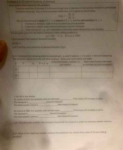 Solved Problem Points Elasticity Of Demand Some Chegg