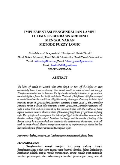 Implementasi Pengendalian Lampu Otomatis Berbasis Arduino Menggunakan Metode Fuzzy Logic
