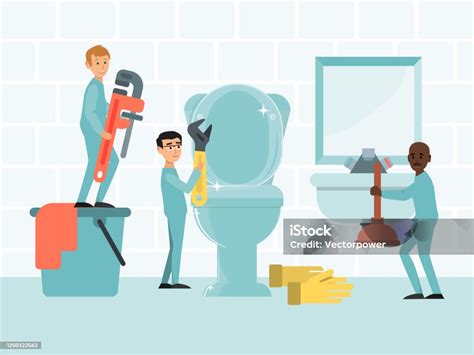 작은 캐릭터 배관 서비스 작업 개념 플랫 벡터 일러스트레이션 세탁기 수리 화장실 및 싱크대 렌치 플런저 노동 도구 개념에 대한 스톡 벡터 아트 및 기타 이미지 Istock