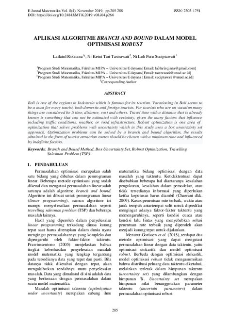 Pdf Aplikasi Algoritme Branch And Bound Dalam Model Optimisasi Robust