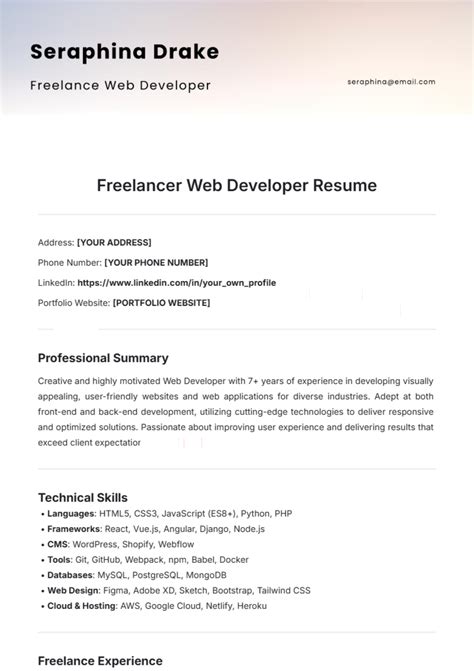 Freelancer Web Developer Resume Template To Edit Online