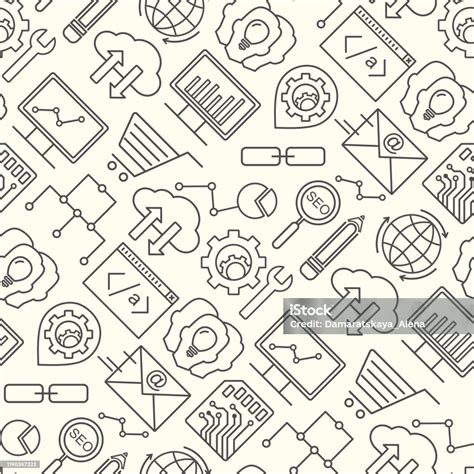 선형 아이콘 세트와 인터넷 기술과 프로그래밍 원활한 벡터 배경 라인 스타일 아이콘이 있는 Html Php 및 코드 이음새있는 패턴 Html에 대한 스톡 벡터 아트 및 기타