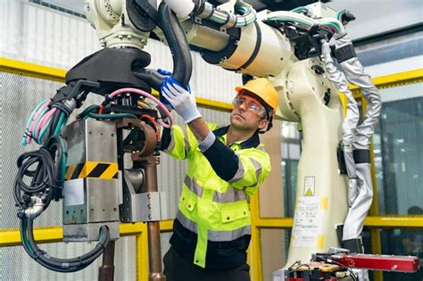 Premium Photo Engineer Check And Control Automation Robot Arms Machine In Intelligent Factory