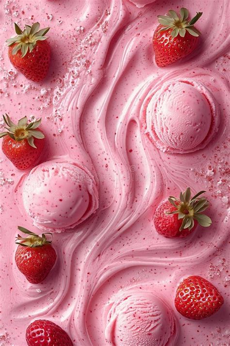 Sweet Pink Strawberry Ice Cream With Berries On Creamy Swirl Backdrop