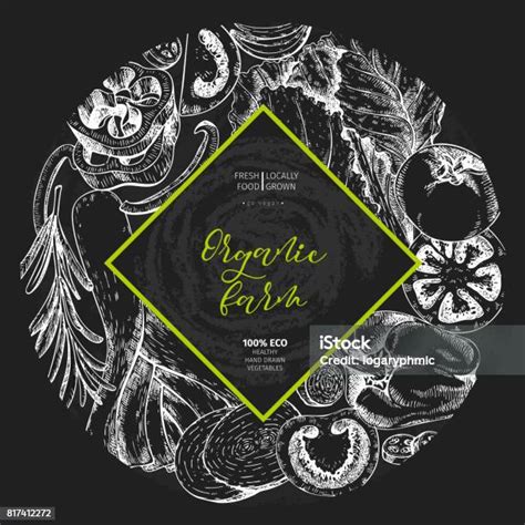벡터 손이 그린된 농장 야채 둥근 테두리 구성입니다 토마토 양파 양배추 고추 부추 칠판 스타일입니다 유기농 채식의 스케치 낙서 드로잉에 대한 스톡 벡터 아트 및 기타 이미지