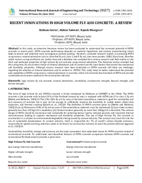 Pdf Recent Innovations In High Volume Fly Ash Concrete A Review Irjet Journal