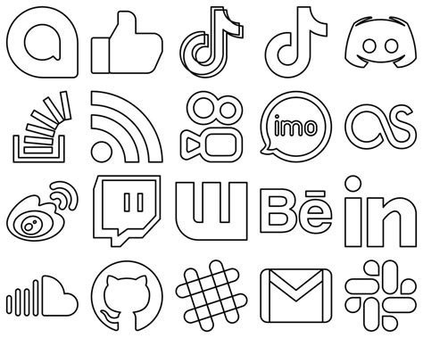 20 Simple Black Line Social Media Icons Such As Feed Overflow Discord