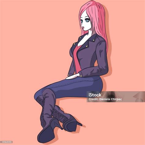 보헤미안 시골 의상을 입고 분홍색 머리를 가진 애니메이션 소녀 바이커 재킷과 가죽 부츠를 입은 여성 가죽에 대한 스톡 벡터 아트 및 기타 이미지 Istock