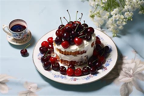 테이블 위에 체리와 블루베리를 얹은 포버터 케이크 고해상 꽃 꽃병 배경 일러스트 및 사진 무료 다운로드 Pngtree