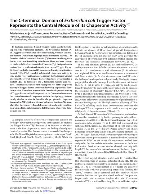 Pdf The C Terminal Domain Of Escherichia Coli Trigger Factor