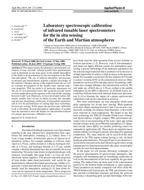 Pdf Laboratory Spectroscopic Calibration Of Infrared Tunable Laser Spectrometers For The In