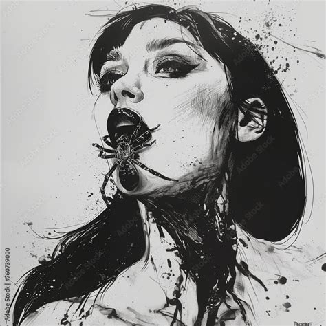 A Monochrome Haunting Ink Drawing Of A Woman S Face With A Large Detailed Spider Overlaying