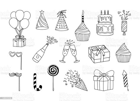 파티 낙서 아이콘 컬렉션입니다 생일 및 파티 축 하 아이콘의 손으로 그린 그림 세트입니다 그리기에 대한 스톡 벡터 아트 및 기타