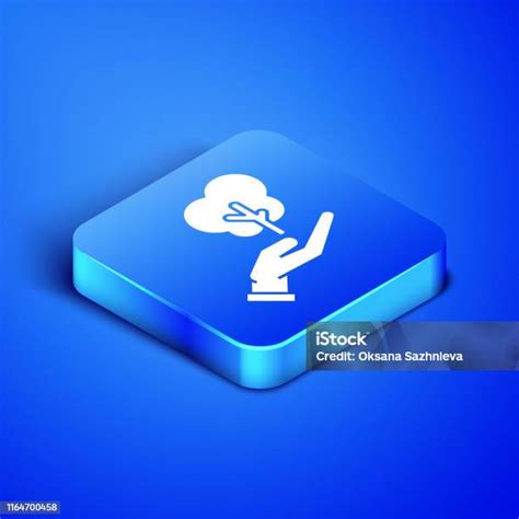 파란색 배경에 격리 된 환경 보호 아이콘의 손에 등각 투영 트리 종자 및 묘목 묘목 심기 생태 개념 파란색 사각형 버튼입니다 벡터 일러스트레이션 개념에 대한 스톡 벡터 아트