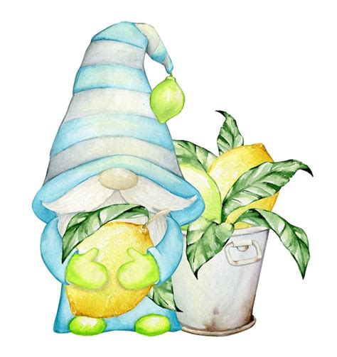 격리 된 배경에 귀여운 그놈 레몬 수채화 클립 아트 만화 스타일 프리미엄 벡터