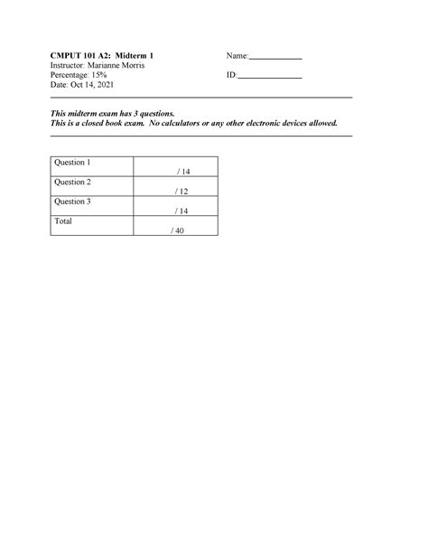 Cmput 101 Practice Mt2 Solutions Cmput 101 A2 Midterm 1 Name
