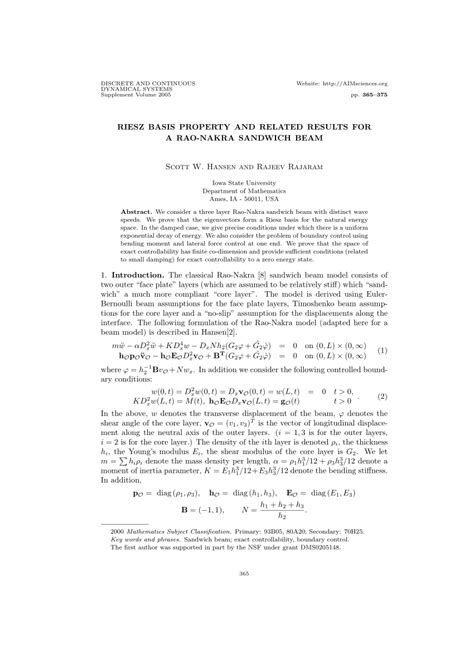 Pdf Riesz Basis Property And Related Results For A Rao Nakra Sandwich Beam