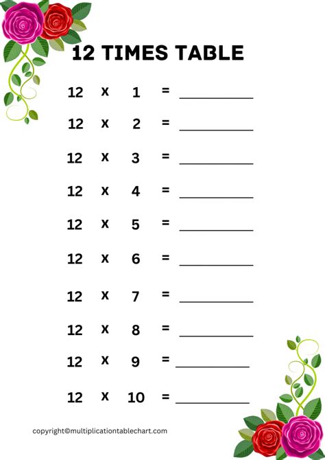 12 Times Table Worksheet 12 Multiplication Table Free Pdf