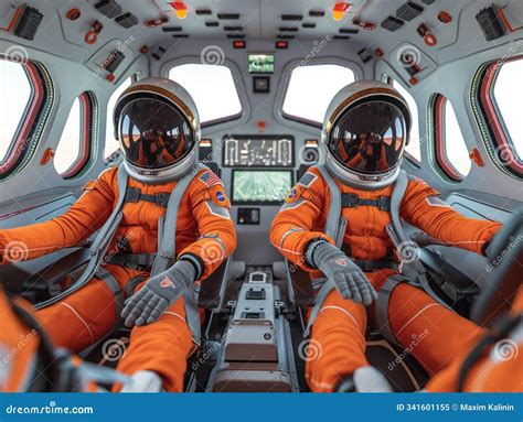 Two Astronauts In Orange Suits Sitting Inside A Spacecraft Having A Meal Stock Image