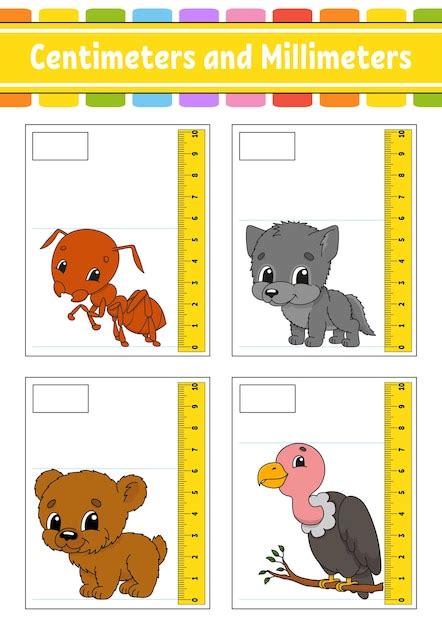 센티미터 및 밀리미터로 길이 측정 교육 개발 워크시트 어린이용 게임 색상 활동 페이지 프리미엄 벡터