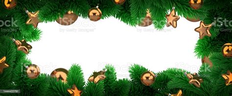 전나무 가지 녹색 가문비 나무 나뭇 가지 축제 유리 공과 별이있는 크리스마스 프레임 복사 공간 빈 프레임 휴일 인사말 배너 템플릿입니다 3d 렌더링 0명에 대한 스톡 사진