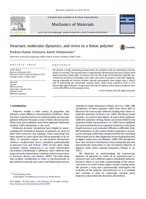 Pdf Structure Molecular Dynamics And Stress In A Linear Polymer
