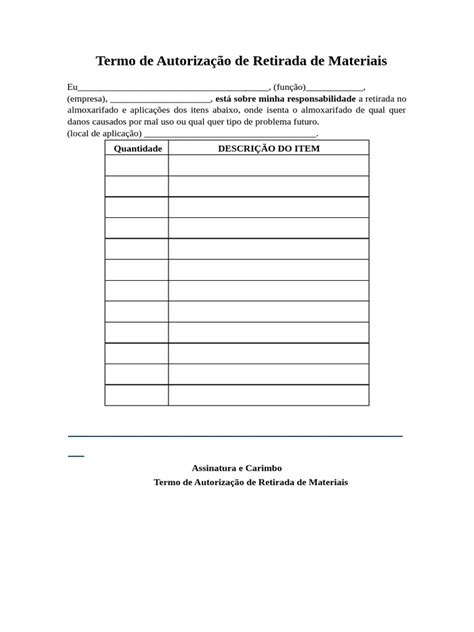 Autorização Para Retirada De Materiais Pdf