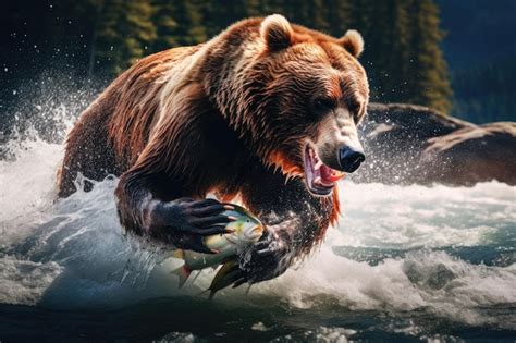 Premium Ai Image Brown Grizzly Bear Catching A Salmon In The River Ai